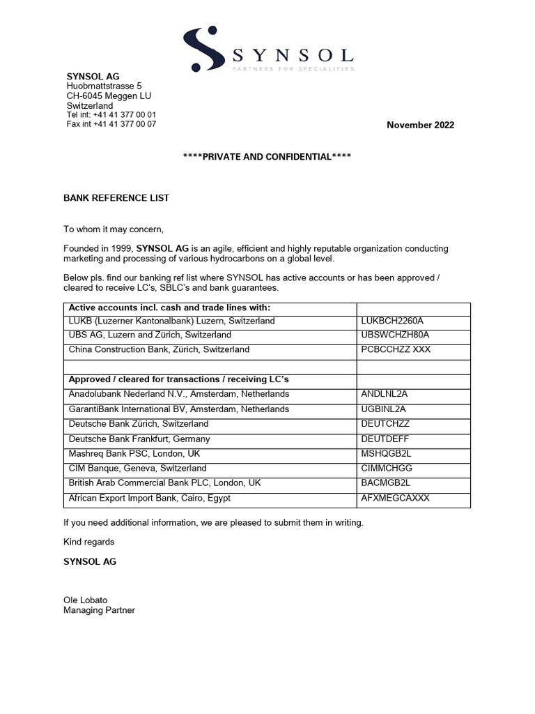 SYNSOL AG Bank Reference List | PDF | Business | Technology & Engineering