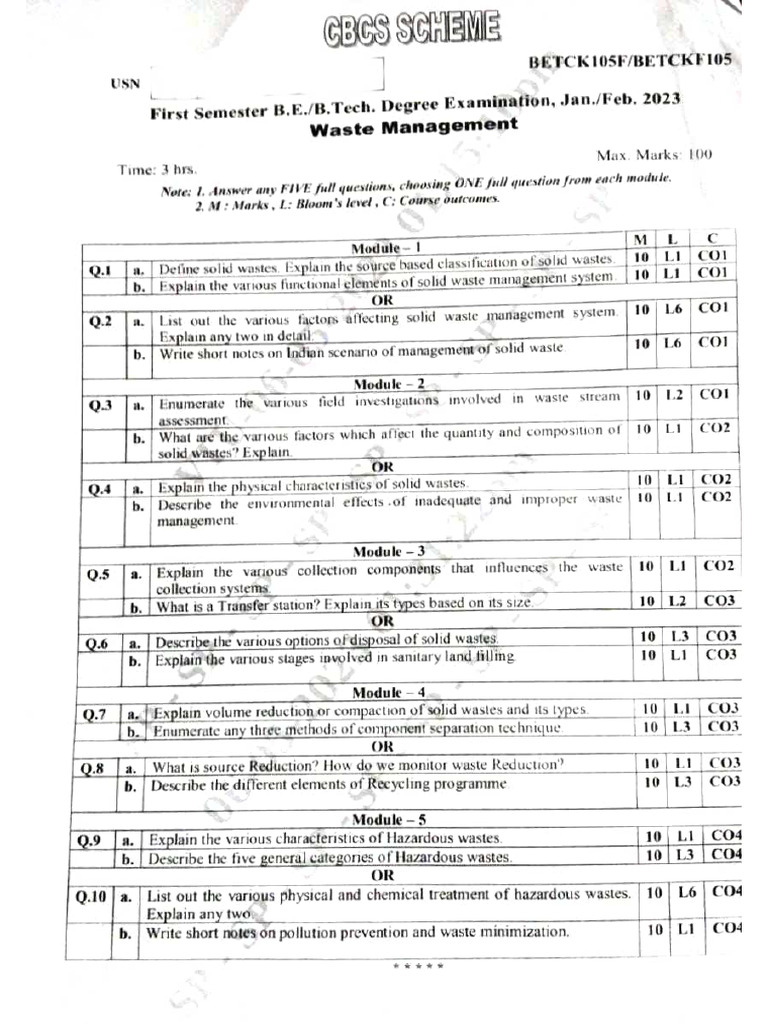 1ST SEM WASTE MANAGEMENT EXTERNAL EXAM VTU QUESTION PAPER | PDF