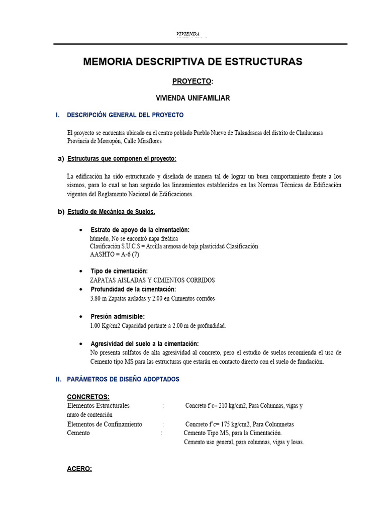 Memoria Descriptiva - Estructuras | PDF | Fundación (Ingeniería) | Hormigón