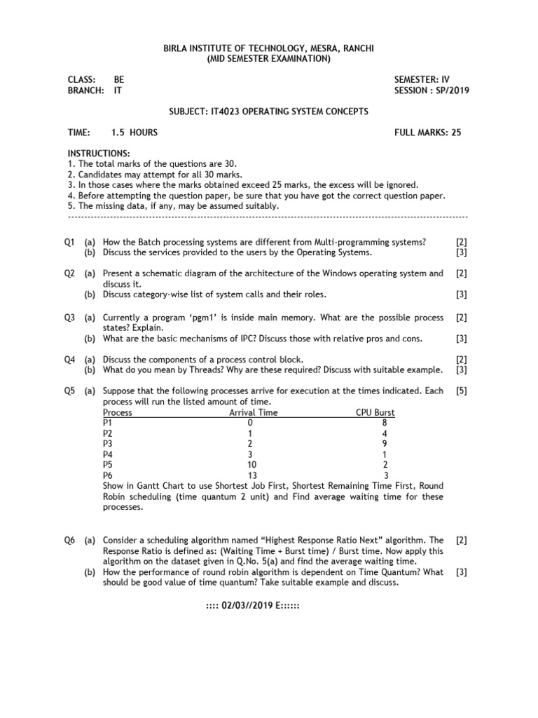 It4023 Operating System Concepts (Mid - SP19) | PDF | Scheduling (Computing) | Operating System
