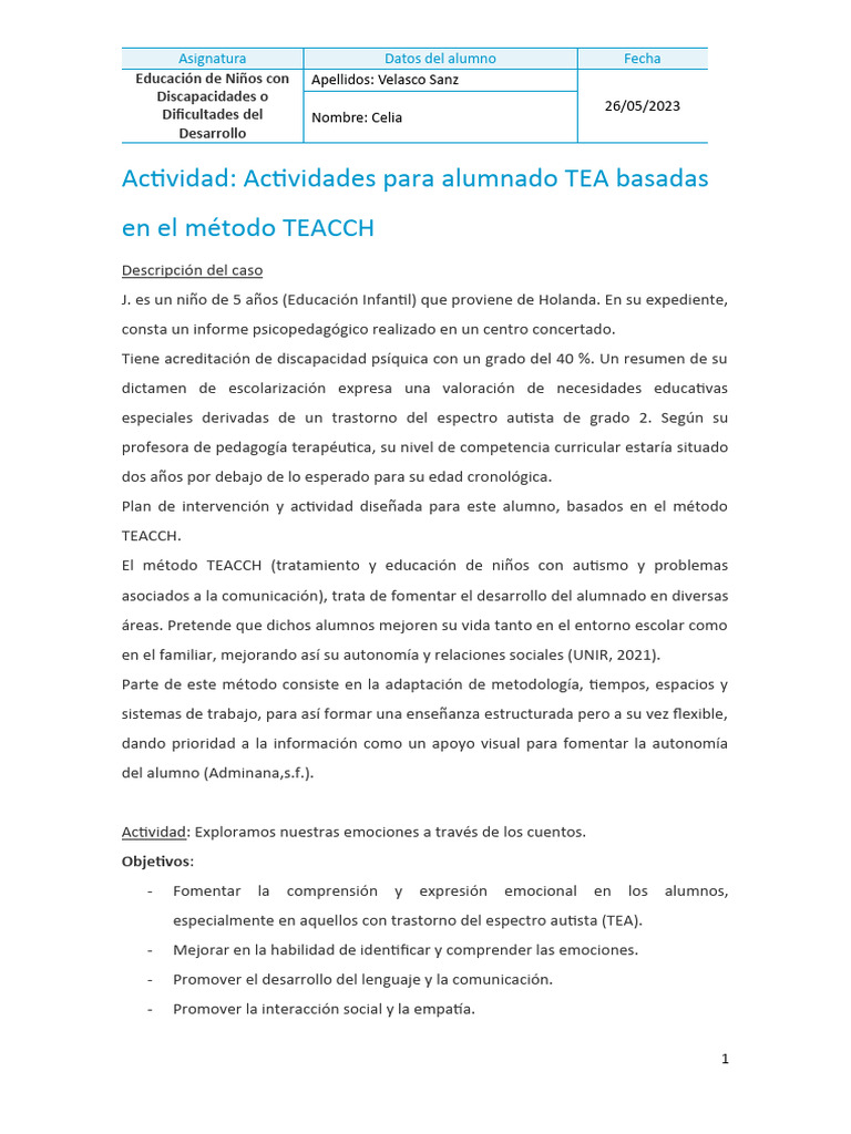 Actividad Propuesta Metodo TEACCH | PDF | Espectro autista | Las emociones