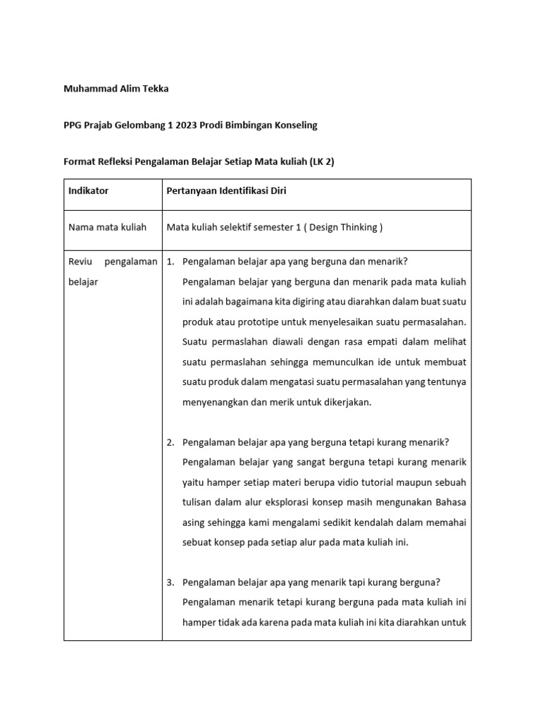 LK2-Refleksi Mata Kuliah Selektif Semester 1 (Design Thinking) Muhammad ...