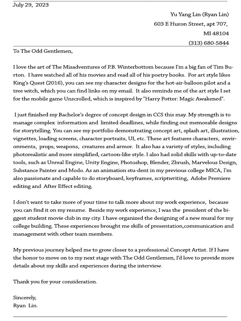 Ryan Lin's Cover Letter For TransPerfect Gaming | PDF