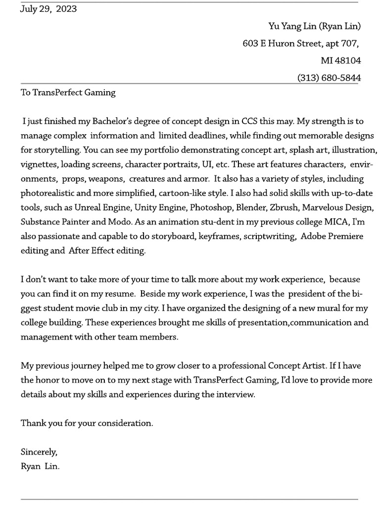 Ryan Lin's Cover Letter For TransPerfect Gaming | PDF