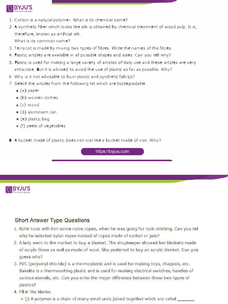 Important Questions For Class 8 Science Chapter 3 Synthetic Fibres and Plastics | PDF