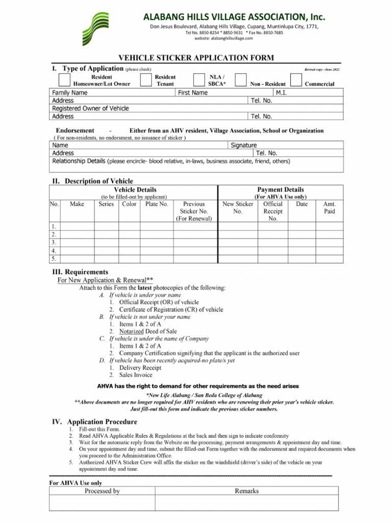Revised 2022 Vehicle Sticker Form | PDF