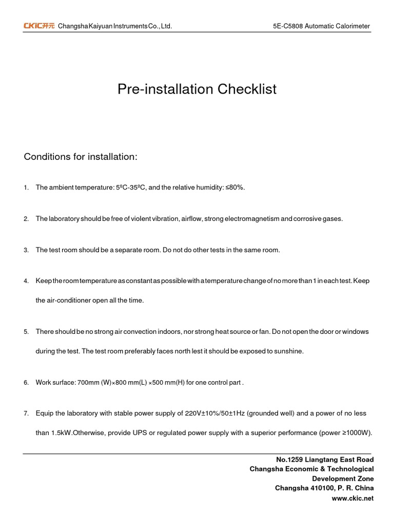 5E-C5808 Pre-Install Checklist | PDF | Continuum Mechanics | Gases
