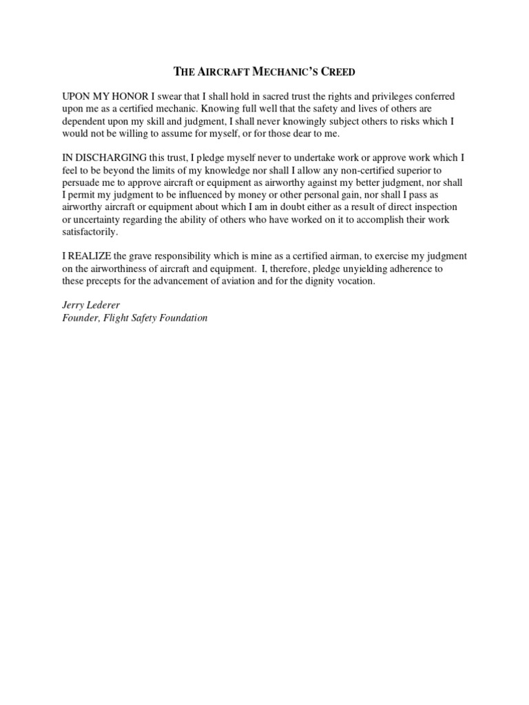 The Aircraft Mechanic's Creed | PDF
