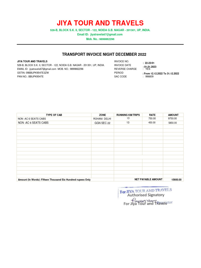 Jiya Tour and Travels Invoice Details | PDF