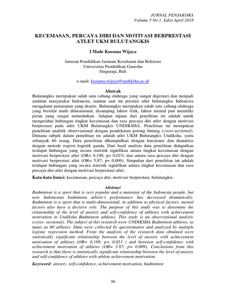 Kecemasan, Percaya Diri Dan Motivasi Berprestasi Atlet UKM Bulutangkis | PDF