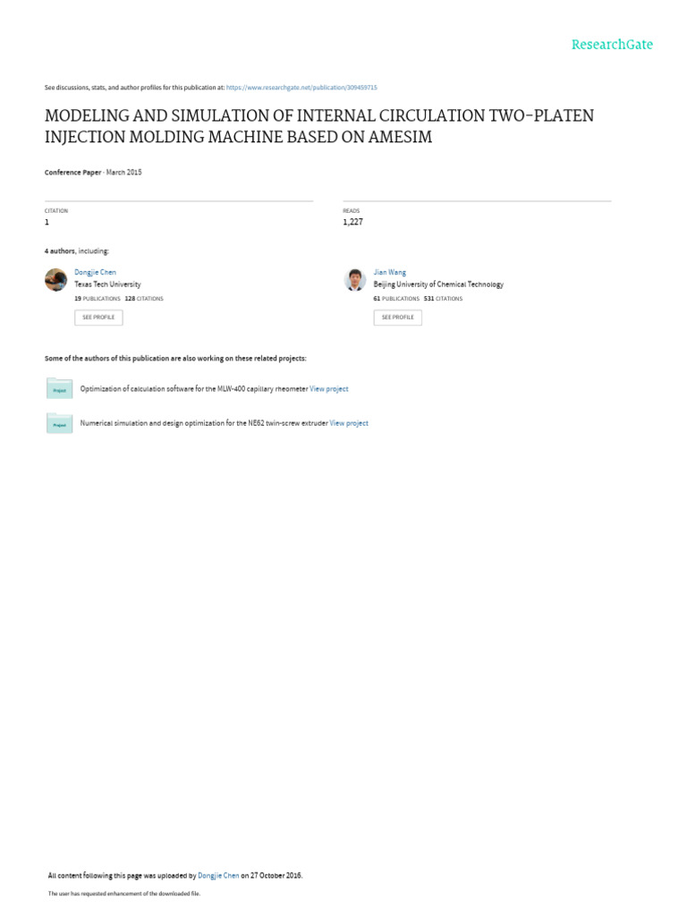 Modeling and Simulation of Internal Circulation Two-Platen Injection Molding Machine Based On ...