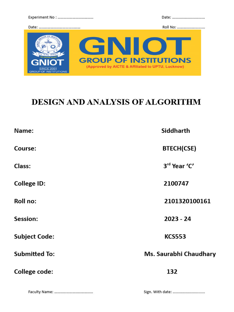 Daa Front Page | Download Free PDF | Discrete Mathematics | Computer Programming