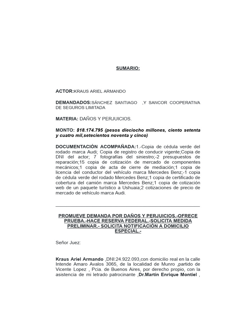 Demanda Daños y Perjuicios | PDF