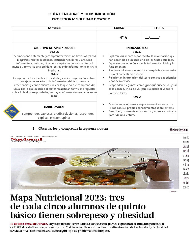 Guia Comprension Lectora 4to Pdf Comprensión Lectora Modificación