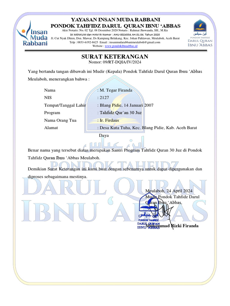 Tegar Surat Keterangan Santri 2024 | PDF