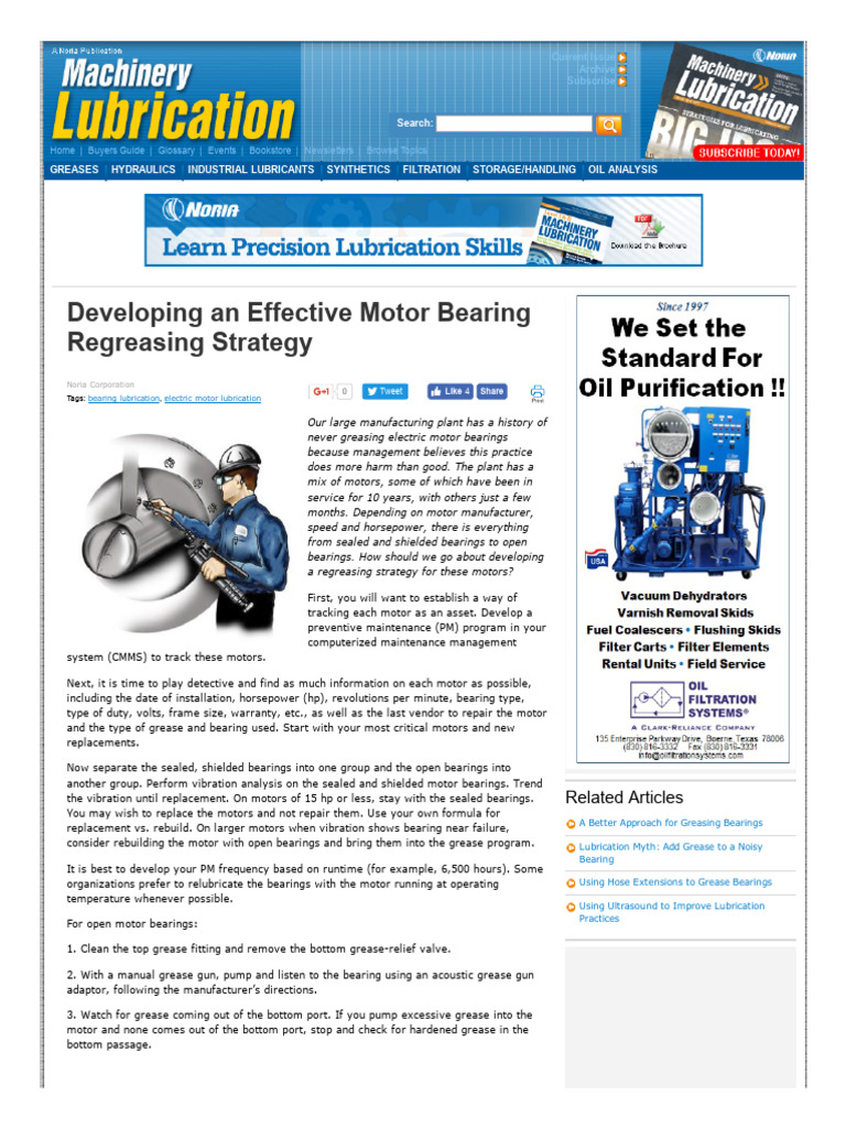 Developing An Effective Motor Bearing Regreasing Strategy | PDF | Bearing (Mechanical) | Lubricant