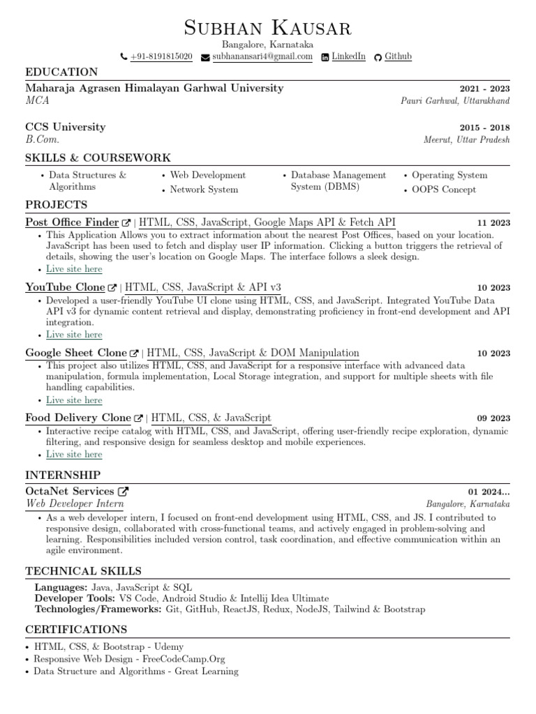 CV For Frontend Dev Fresher | PDF | Java Script | World Wide Web