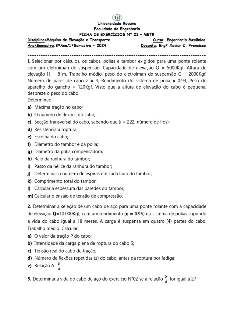 Ficha de Exercicios #02 (Cabos, Polias, Tambores) - Maet | PDF ...