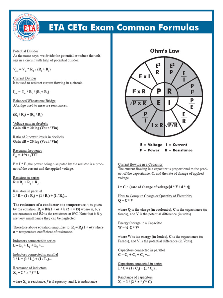 CETa Formula Sheet | PDF | Capacitor | Series And Parallel Circuits