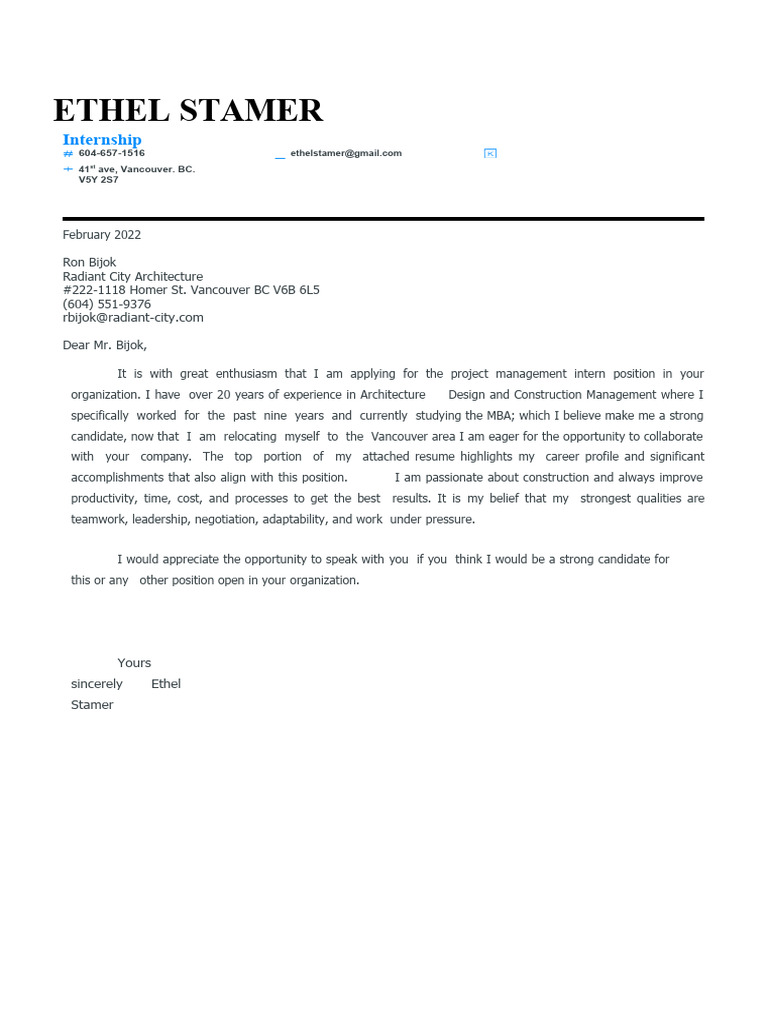 Internship Application: Project Management | PDF
