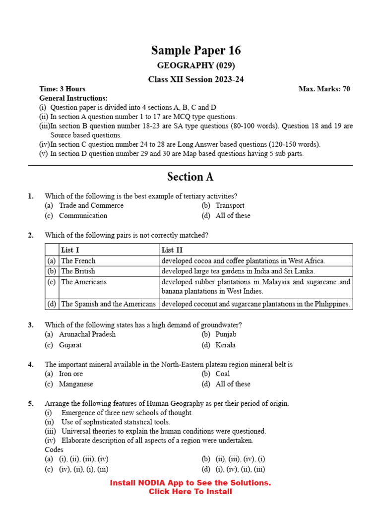 Class 12 Geography Sample Paper 2023-24 | PDF | Earth Sciences ...