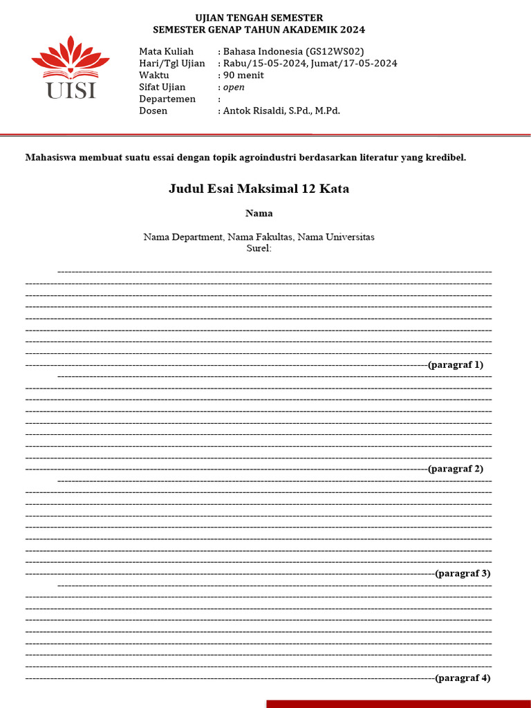 Format Lembar Soal UTS BAHASA INDONESIA | PDF | Human Communication | Linguistics