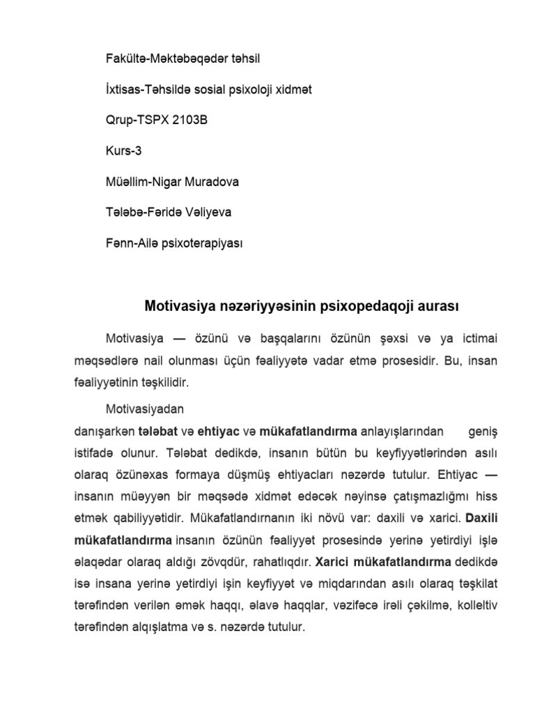 Motivasiya Nəzəriyyəsinin Psixopedaqoji Aurası | PDF