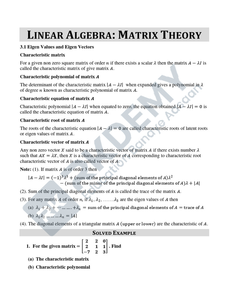 Linear Algebra Matrix Theory - Important | PDF | Eigenvalues And Eigenvectors | Matrix (Mathematics)