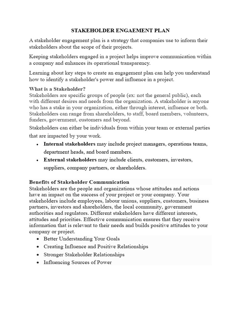 Stakeholder Engaement Plan | PDF | Stakeholder (Corporate) | Communication
