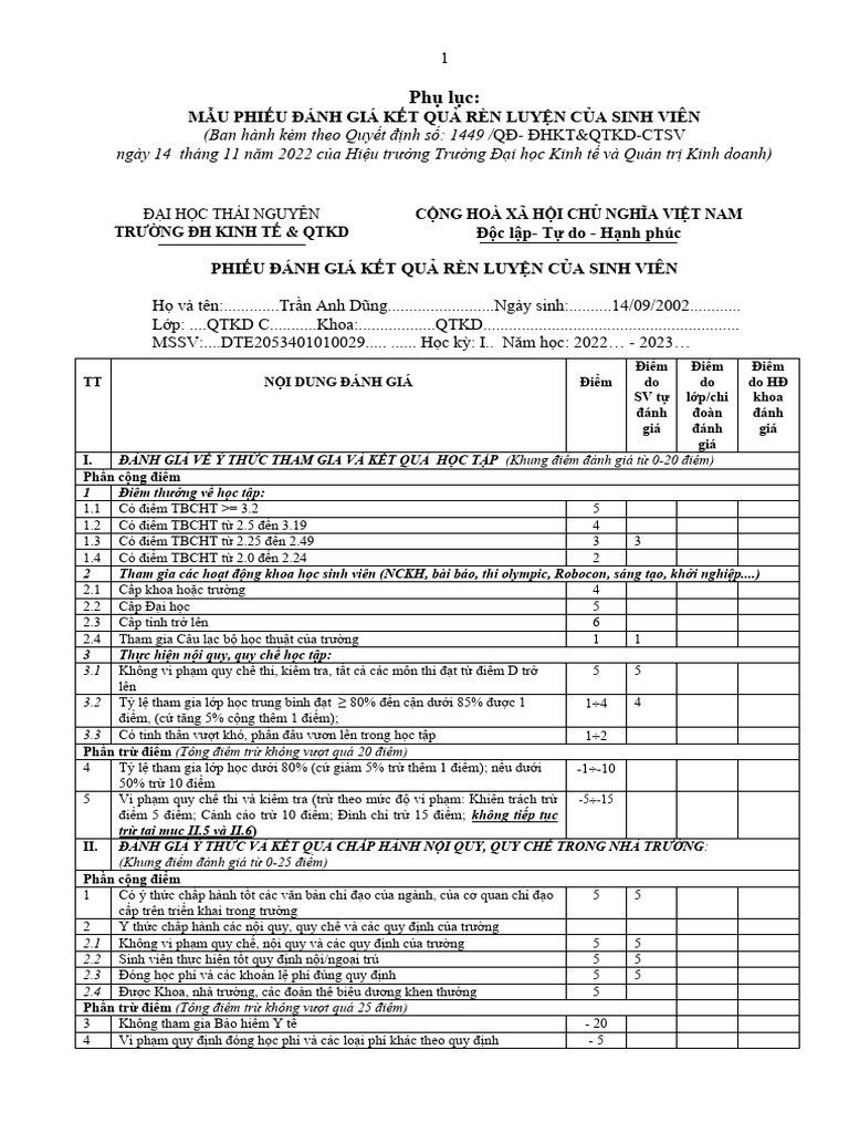 PH L C Mau Phieu Cham Diem Ren Luyen 2022 | PDF