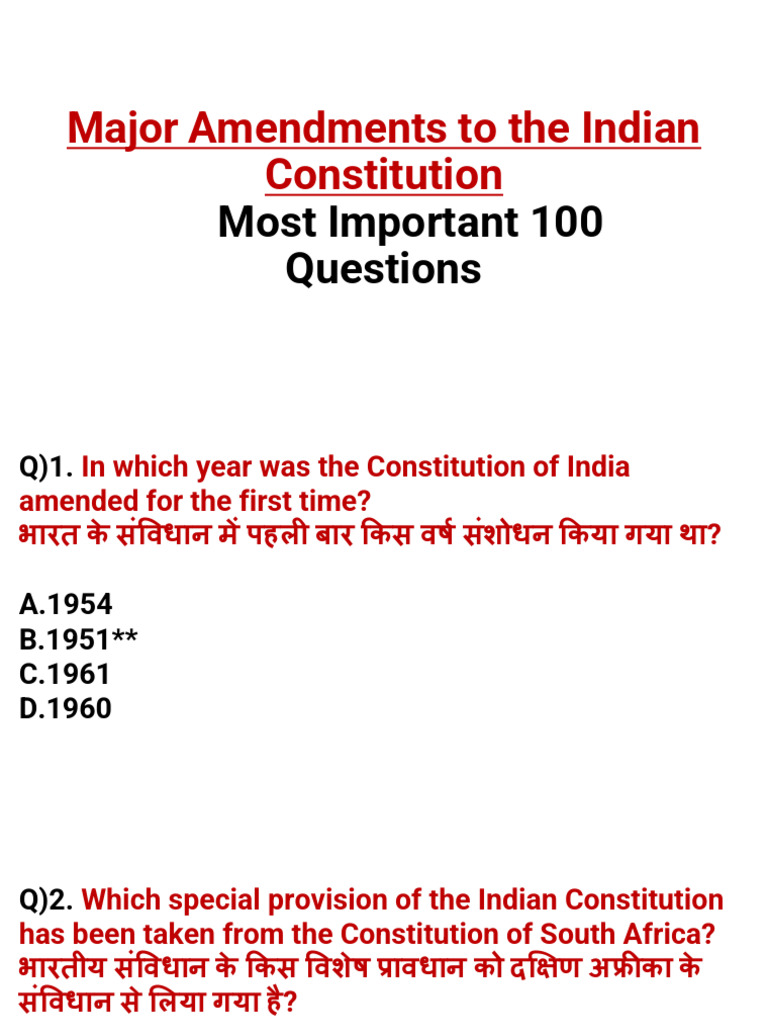 Key Indian Constitution Amendments Quiz | PDF | Government | Government ...