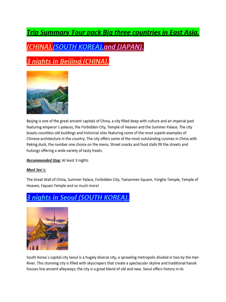 Trip Summary Tour Pack Big Three Countries in East Asia | PDF | Tokyo ...