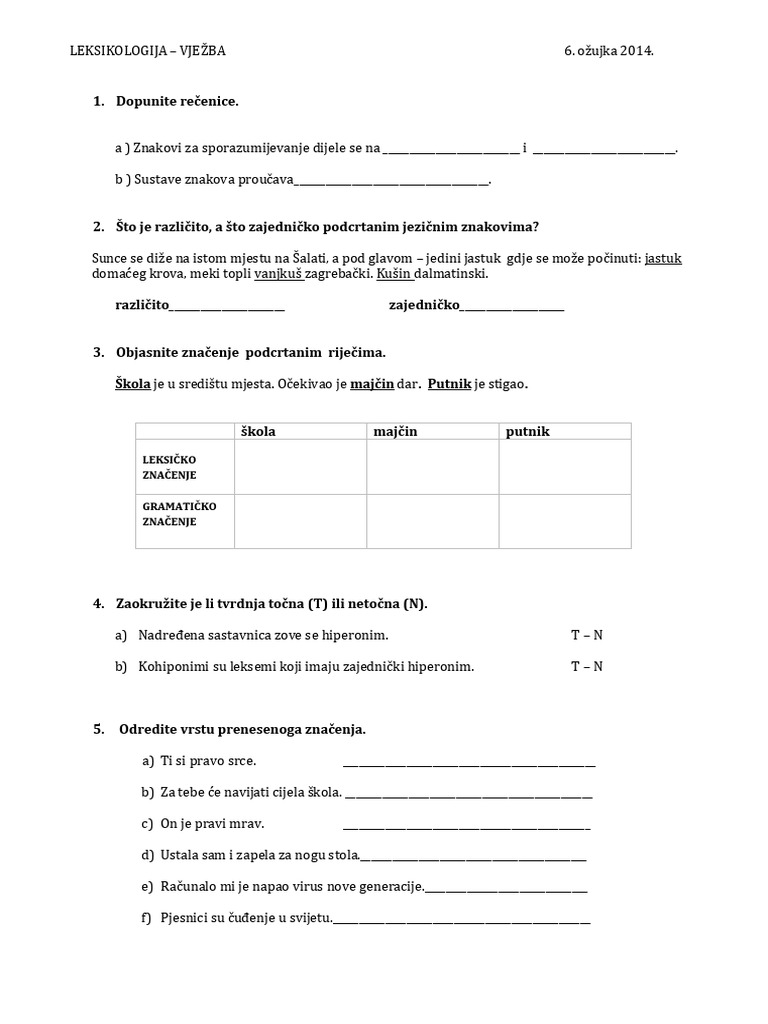 Leksikologija, Sinonimi, Homonimi, Antonimi Vjezba | PDF
