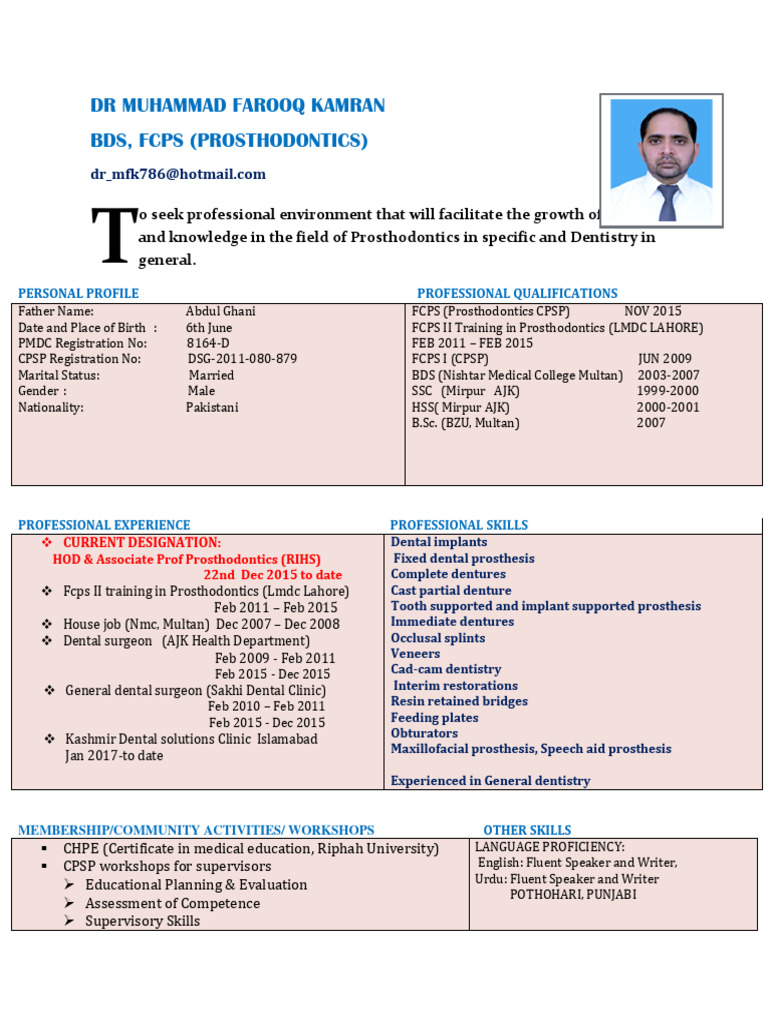 DR Muhammad Farooq Kamran | PDF | Dentistry | Prosthodontics DR Muhammad Farooq Kamran | PDF | Dentistry | Prosthodontics