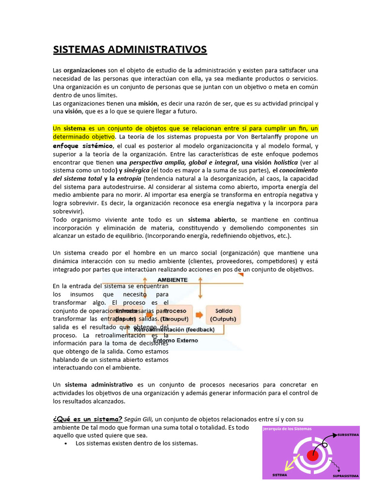 Resumen 1° Parcial Sistemas Administrativos | PDF | Sistema | Planificación estratégica