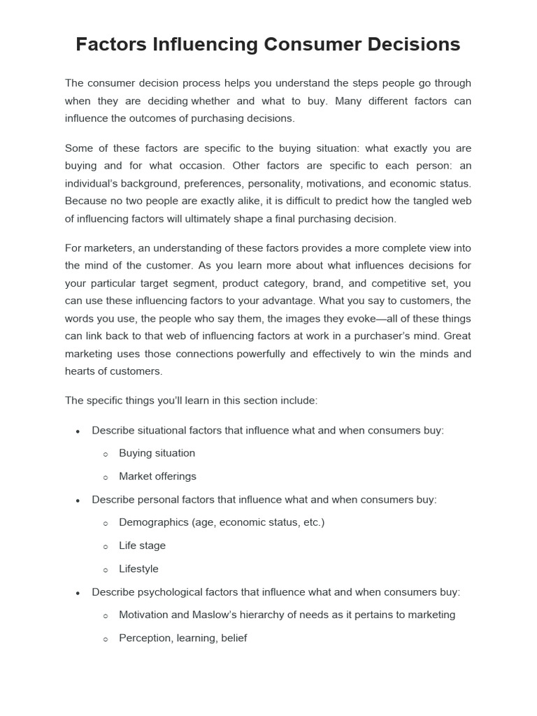 Factors Influencing Consumer Decisions | PDF | Behavioural Sciences ... Factors Influencing Consumer Decisions | PDF | Behavioural Sciences ...
