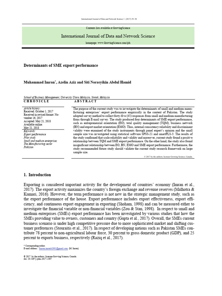 Determinants of SME Export Performance | PDF | Cronbach's Alpha | Small And Medium Sized Enterprises