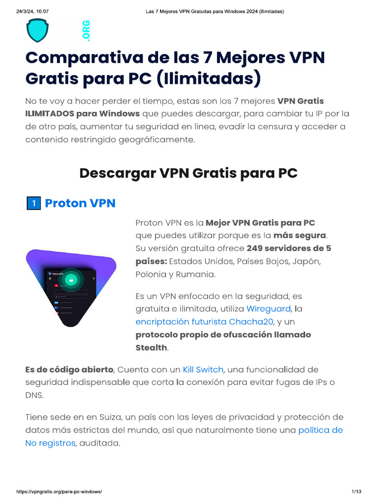 Comparaiva de las 7 Mejores VPN Gratis para PC Artículo | PDF