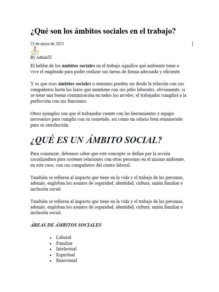 Qué Son Los Ámbitos Sociales en El Trabajo | Descargar gratis PDF ...