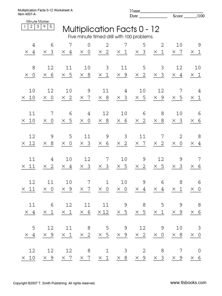 Multiplication Facts 0 - 12: Name - Date - Score - /100 | PDF | All ...