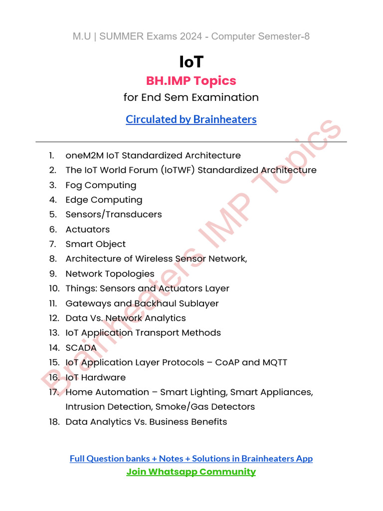IoT Exam Topics for Summer 2024 | PDF | Art | Technology & Engineering