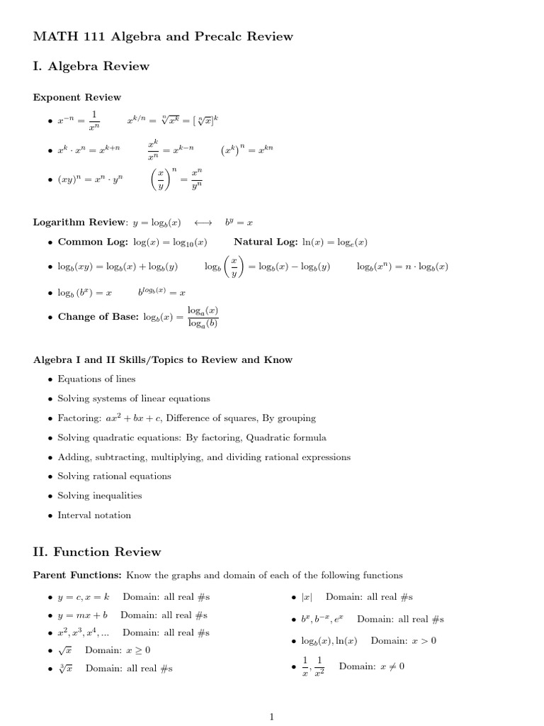 Algebra and Precalc Review | PDF | Quadratic Equation | Logarithm