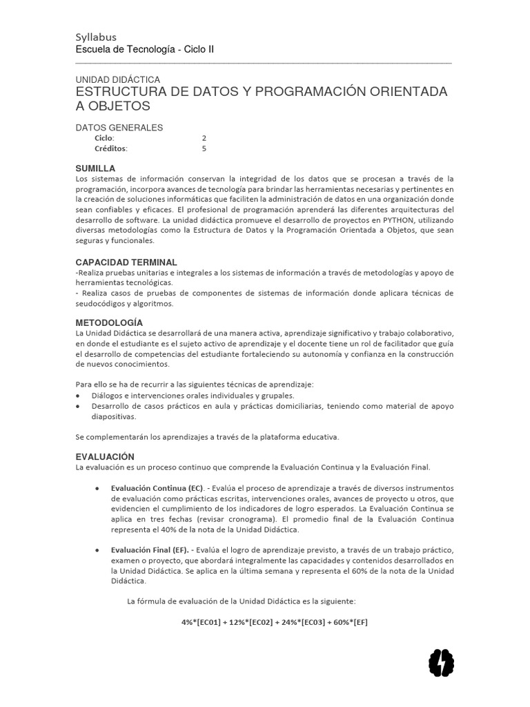 Silabo Estructura de Datos Programación Orientada A Objetos | PDF | Evaluación | Objeto ...