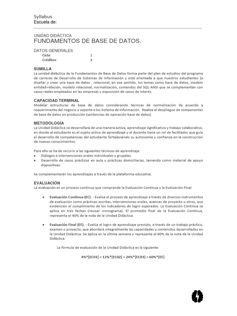 Sílabo Fundamentos de Base de Datos | PDF | Evaluación | SQL