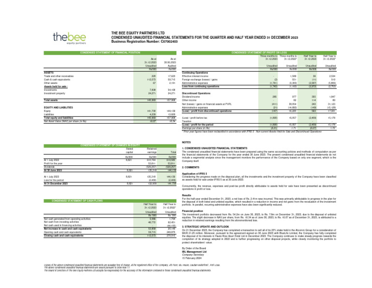 The Bee - Abridged Financial Statements Q2 2024 - Final | PDF | Equity ...