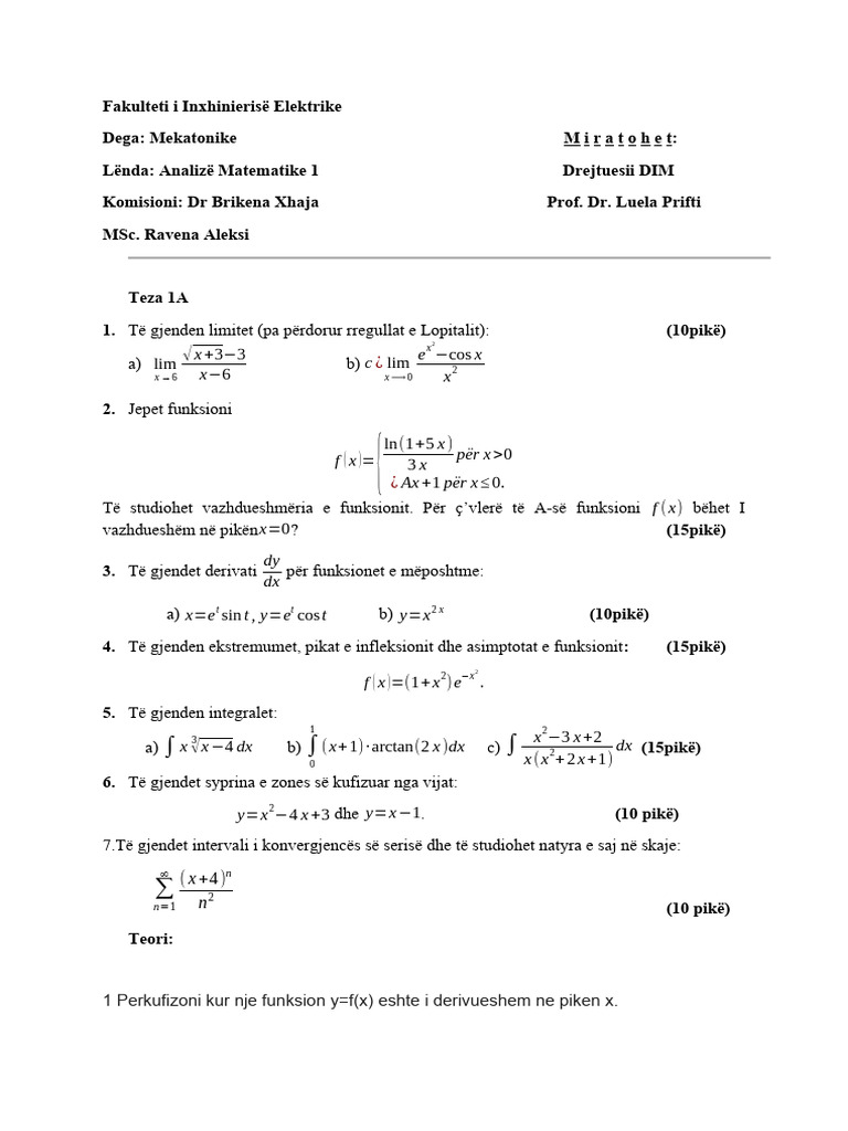 Analize Matematike 1 mekatronik qershor 2023 | PDF