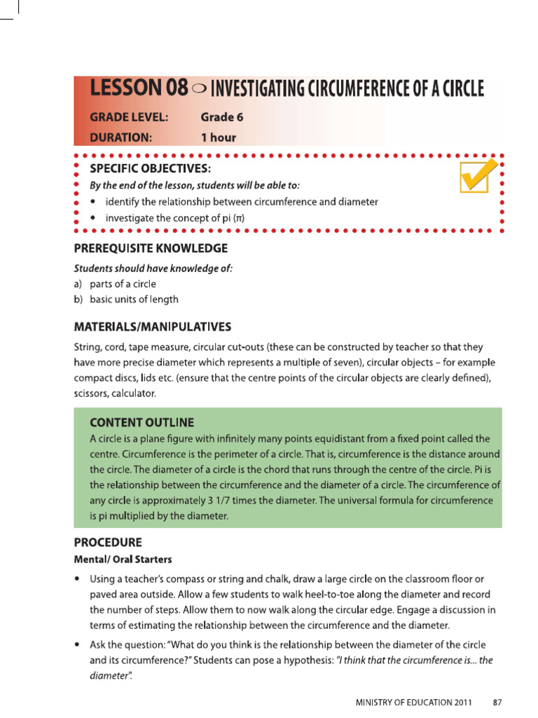 Grade 9 Circumference Lesson Plan 2024 | PDF