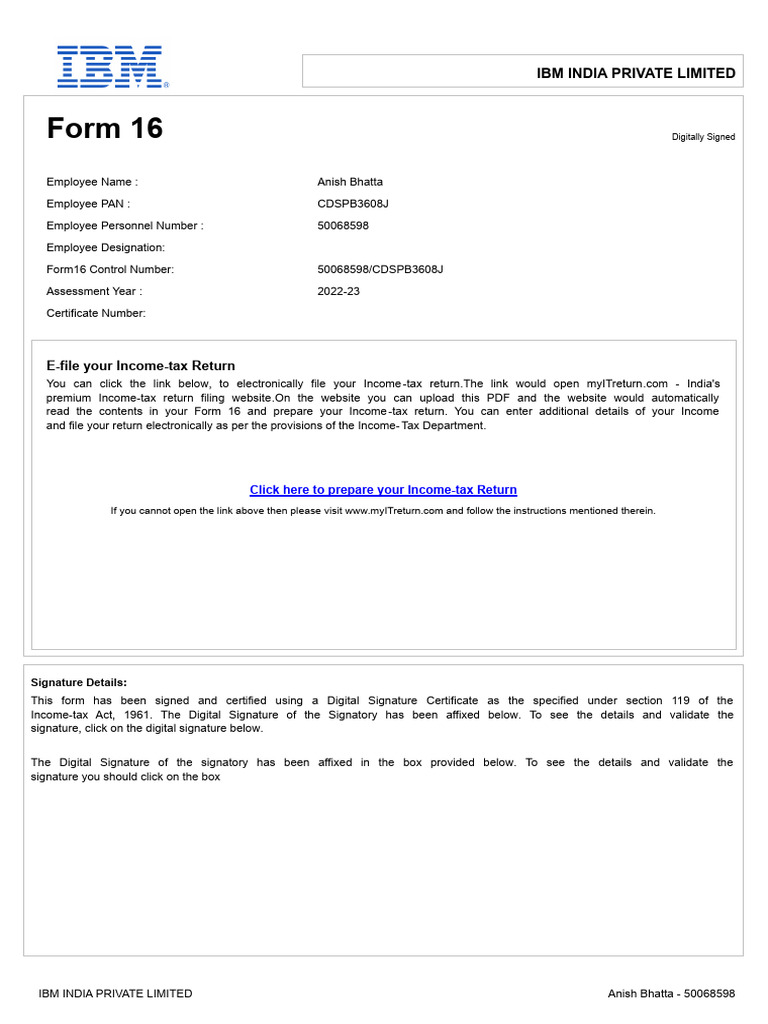 Form 16 2021-2022 IBM | PDF | Tax Deduction | Employee Benefits