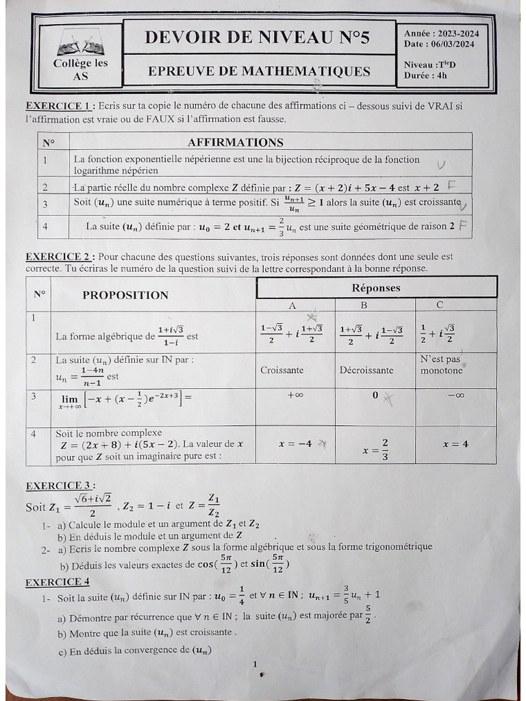 Devoir de Niveau N°5 Maths Collège Les AS Abobo | PDF