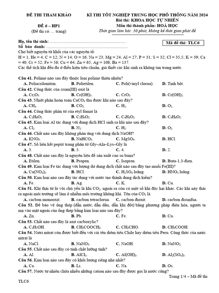 Đề Vip 6 - Phát Triển Đề Minh Họa Tham Khảo BGD Môn Hóa Năm 2024 (HP1) | PDF